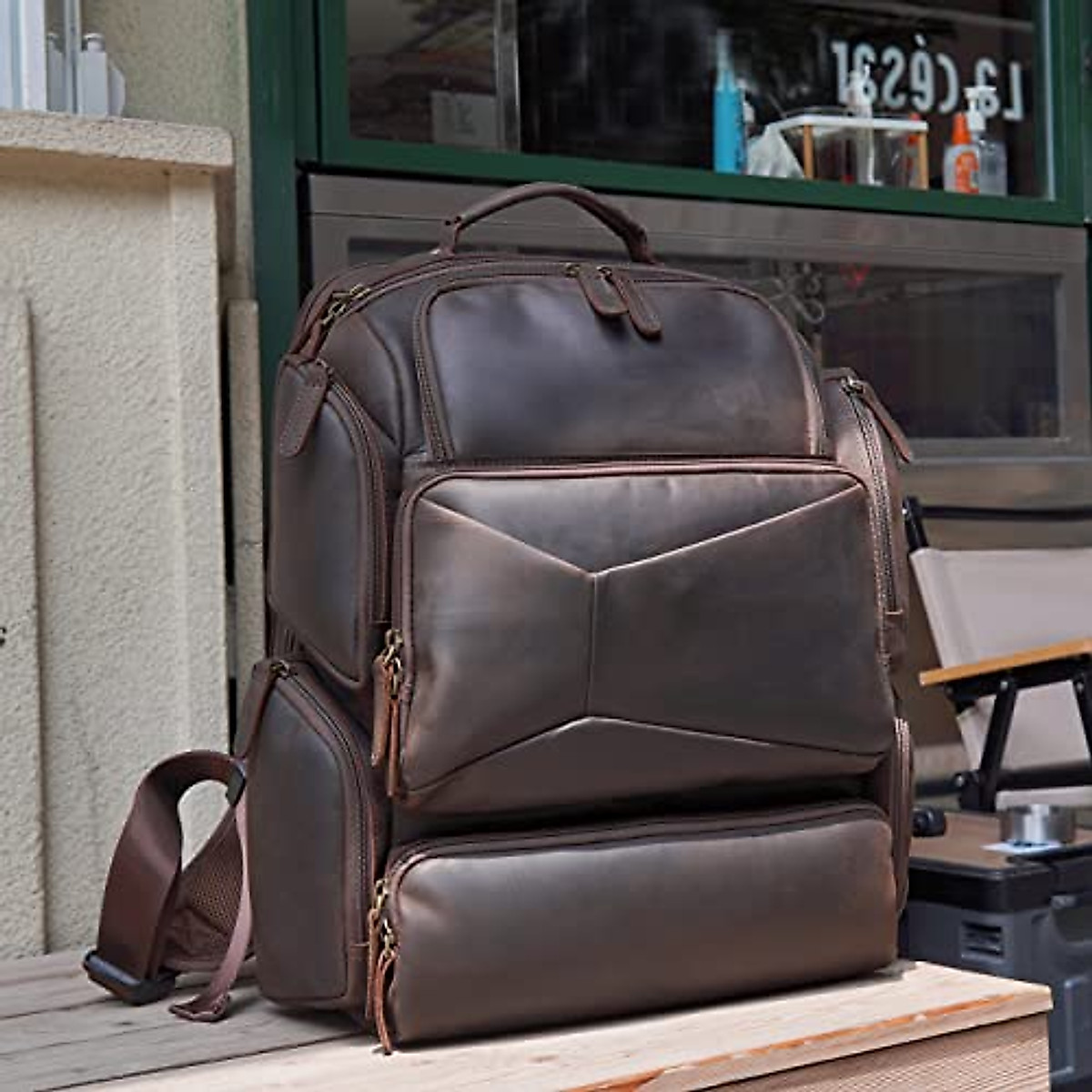 Polare Full Grain Leather Backpack Men's Business Travel Daypacks Camping Weekender Vintage College School Computer Bag Fits up to 15.6 Inch Laptop