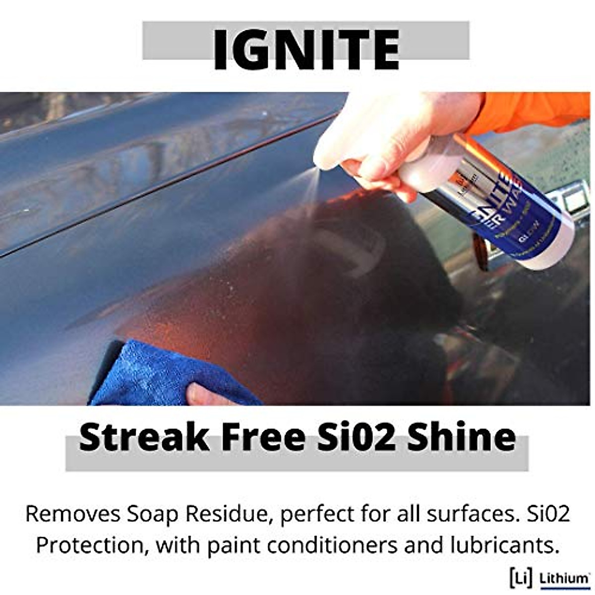 Lithium Ignite After Wash Conditions and Shines Surfaces as You Dry. Streak-Free Hydrophobic Formula adds Lubrication to Stop Micro Scratching While Sealing and Making Surfaces pop with Color.