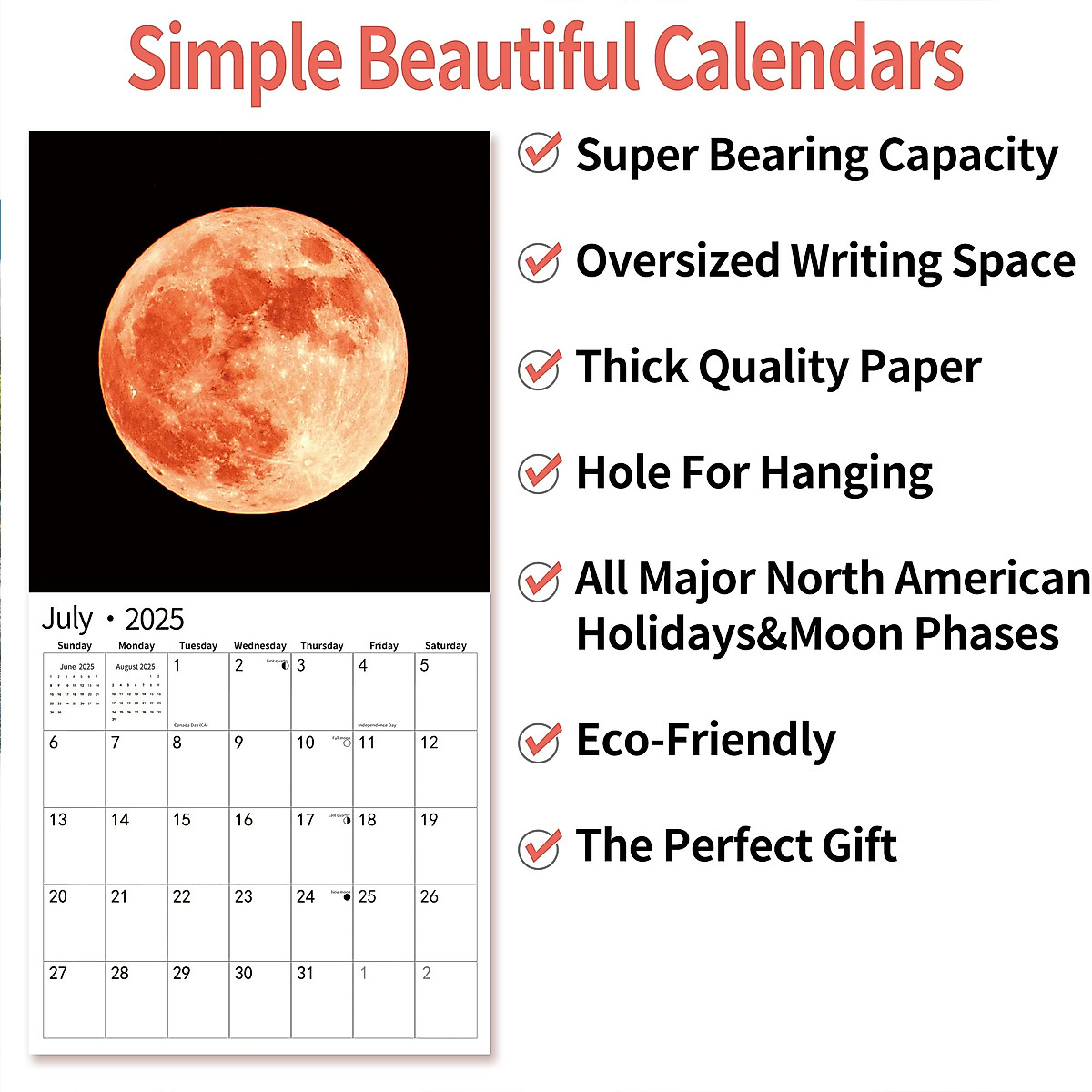 2024 Wall Calendar,Calendar 2024, July 2024 - December 2025, Wall Calendar Moon, 12" x 24" Opened,Full Page Months Thick & Sturdy Paper for Gift Perfect Calendar Organizing & Planning