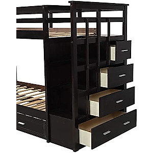 ATH-S Solid Wood Bunk Bed Frame No Box Spring Needed with Guardrails, Ladder and Storage Stairs for and Teens Platform, Twin Over Full, Gray (Color : Espresso with Hiden Drawers)