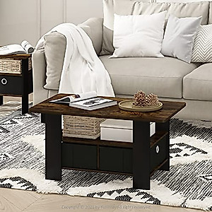 Furinno Andrey Coffee Table with Bin Drawer, Amber Pine/Black Small Non-Lift Top