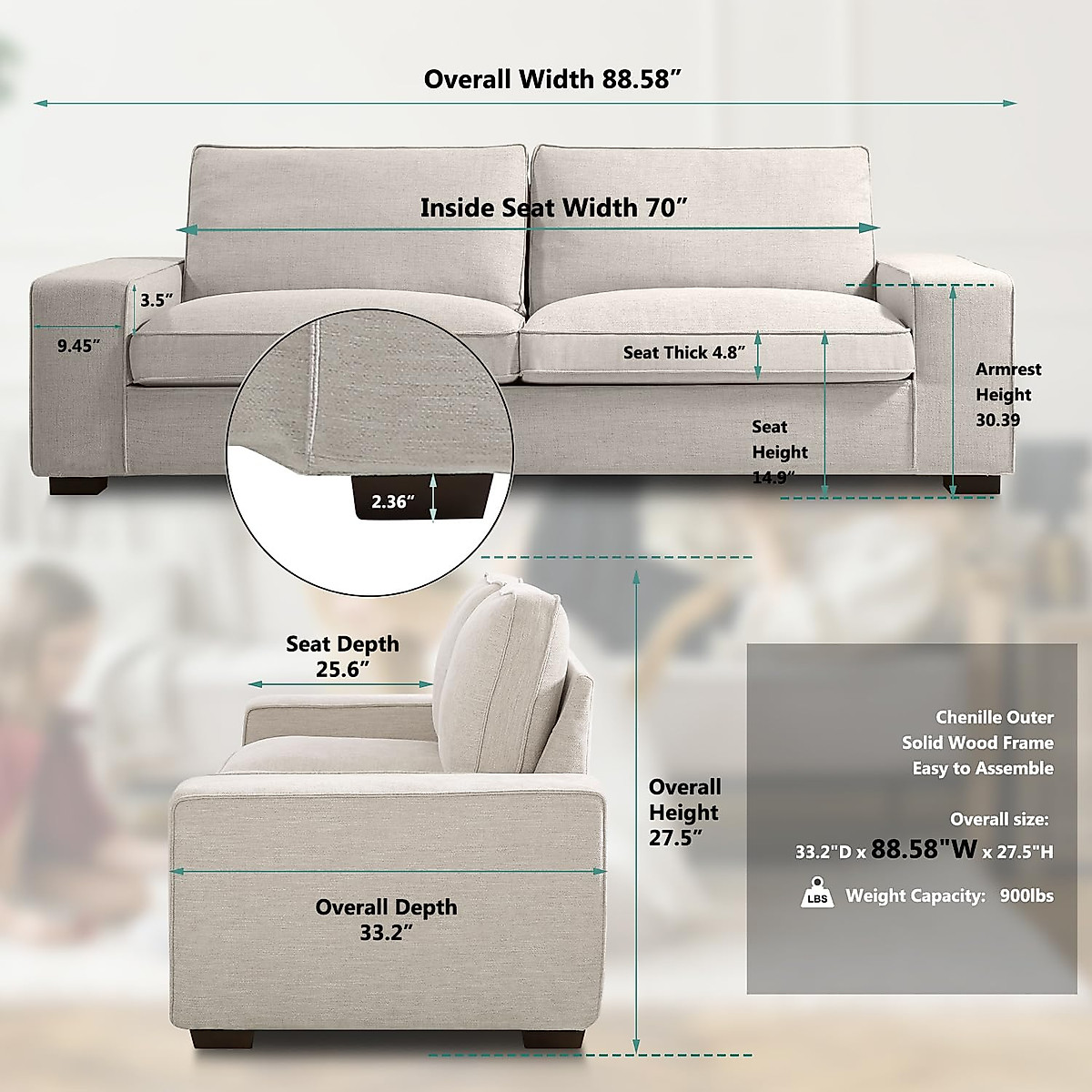 Harkawon 88.6" Sofa Couches for Small Spaces Modern Loveseat for Living Room with Solid Wood Frame, Chenille Lounge Removable Cover, Modern Couches for Apartment,Dorm, Office, Beige