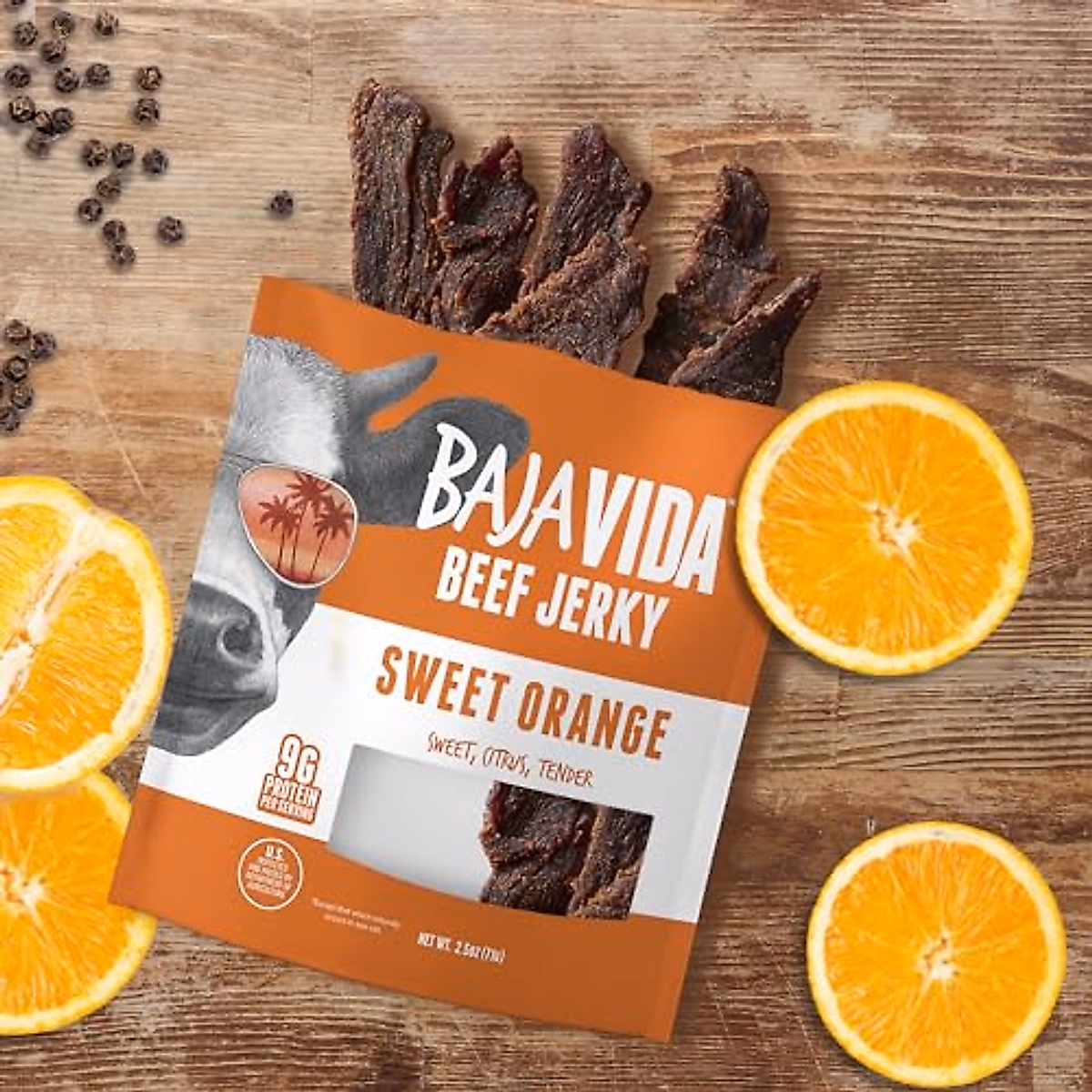 Baja Vida Sweet Orange Beef Jerky - Beef Jerky Snack Packs, Healthy Jerky, Gluten-Free, All-Natural Beef, No MSG, Made in the USA - 2.5 Oz (Pack of 4)