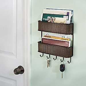 mDesign Wall Mount Metal Woven Mail Organizer Storage Basket - 2 Tiers, 6 Hooks - for Entryway, Mudroom, Hallway, Kitchen, Office - Holds Letters, Magazines, Coats, Leashes, Keys - Bronze
