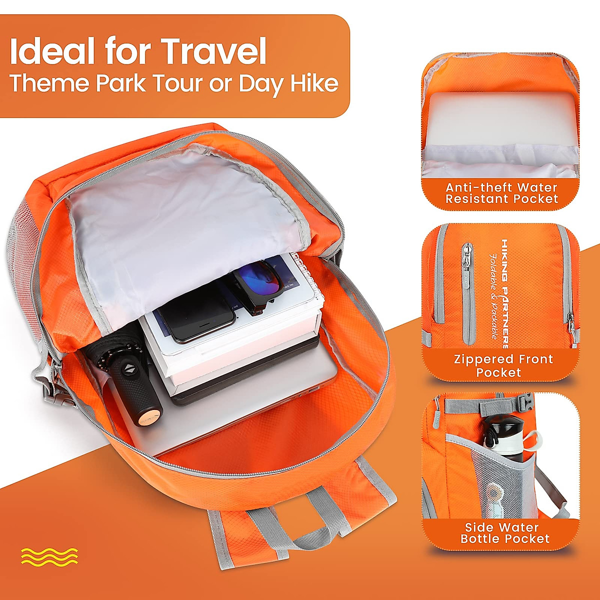 ZOMAKE Lightweight Packable Backpack - 35L Light Foldable Hiking Backpacks Water Resistant Collapsible Daypack for Travel(Orange)