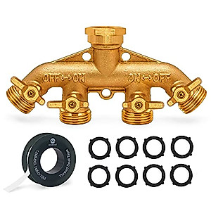 Morvat Heavy Duty Brass 4 Way Splitter, Garden Hose Manifold Connector with Comfort Grip ON/OFF Valves, Adapter for Water Faucet & Spigot, Includes 8 Extra Washers, Roll of Teflon Tape & Mounting Kit