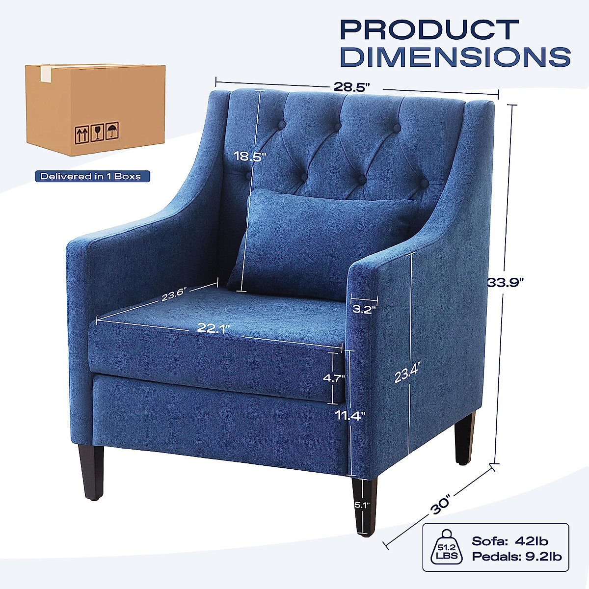 HUIMO Upholstered Living Room Chairs, Accent Chairs with Solid Wood,Reading Chair for Bedroom,Tufted Armchair with Lumbar Pillow,Mid Century Sofa Chair,Comfy Club Chair (Navy Blue)