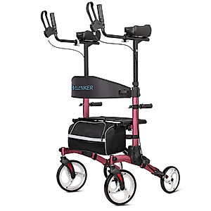 ELENKER Upright Rollator Walker, Stand Up Rolling Walker, Mobility Walking Aid with 10” Front Wheels, Seat and Armrest for Seniors and Adults, Red