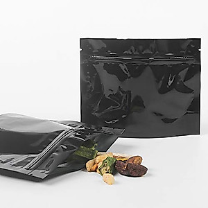 QQ Studio Pack of 100 Double-Sided Glossy Wide Mouth Smell Proof Stand Up Resealable Pouch Bags (Glossy Black, 6.5x5" (3oz))