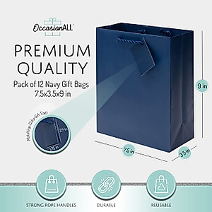 Blue Gift Bags - 12 Pack Medium Navy Paper Gift Bags with Rope Handles, Designer Solid Color Paper Gift Wrap Bags for Birthdays, Parties, Events, Bulk Favor Bags, Weddings or Any Occasion - 7.5x9x3.5