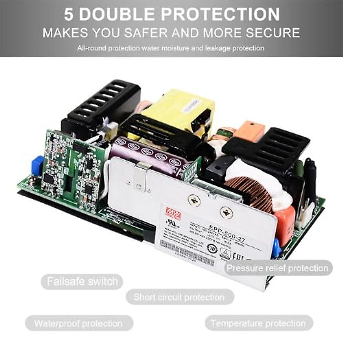 TorqCali EPP-500-27 500W 27V 18.5A Open Frame Power Supply, 80-264VAC, High Efficiency, 5x3 Compact Design, Reliable for Industrial Automation, Robotics, and More