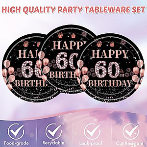 Black Rose Gold Birthday Party Supplies,Disposable Party Tableware Sets - 60 Years Paper Plates,Napkins,Plastic Forks Knives,Tablecloths,60th Birthday Decorations for Men,24 Guests