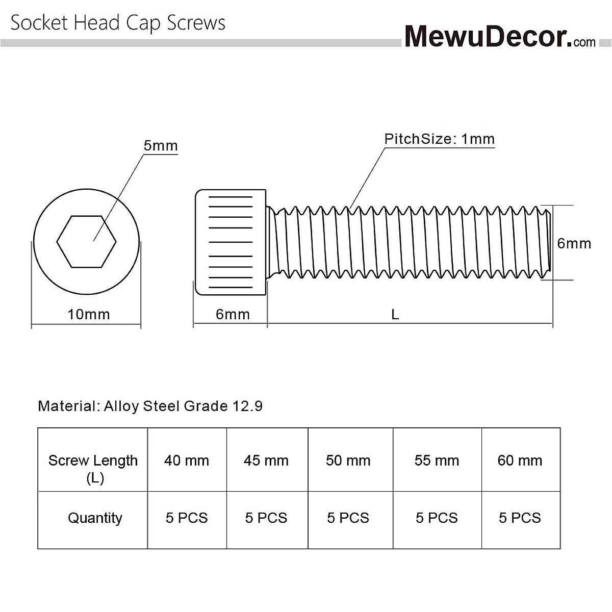 M6-1.0 x 40mm, 45mm, 50mm, 55mm and 60mm Socket Head Cap Screws, Grade 12.9 Alloy Steel, Black Oxide, 25 PCS