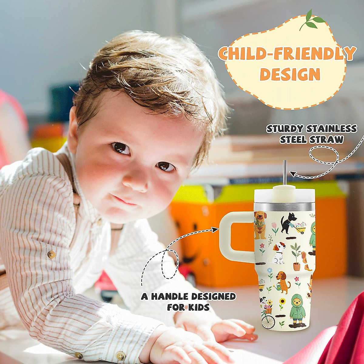 Funny Dog Gifts for Kids, Cute Dog Tumbler with Handle and Straw for Kids 14 oz, Dog Lover Gifts for Toddlers, Best Dog Themed Gifts, Birthday Gifts for Puppy Dog Owner Boys Girls