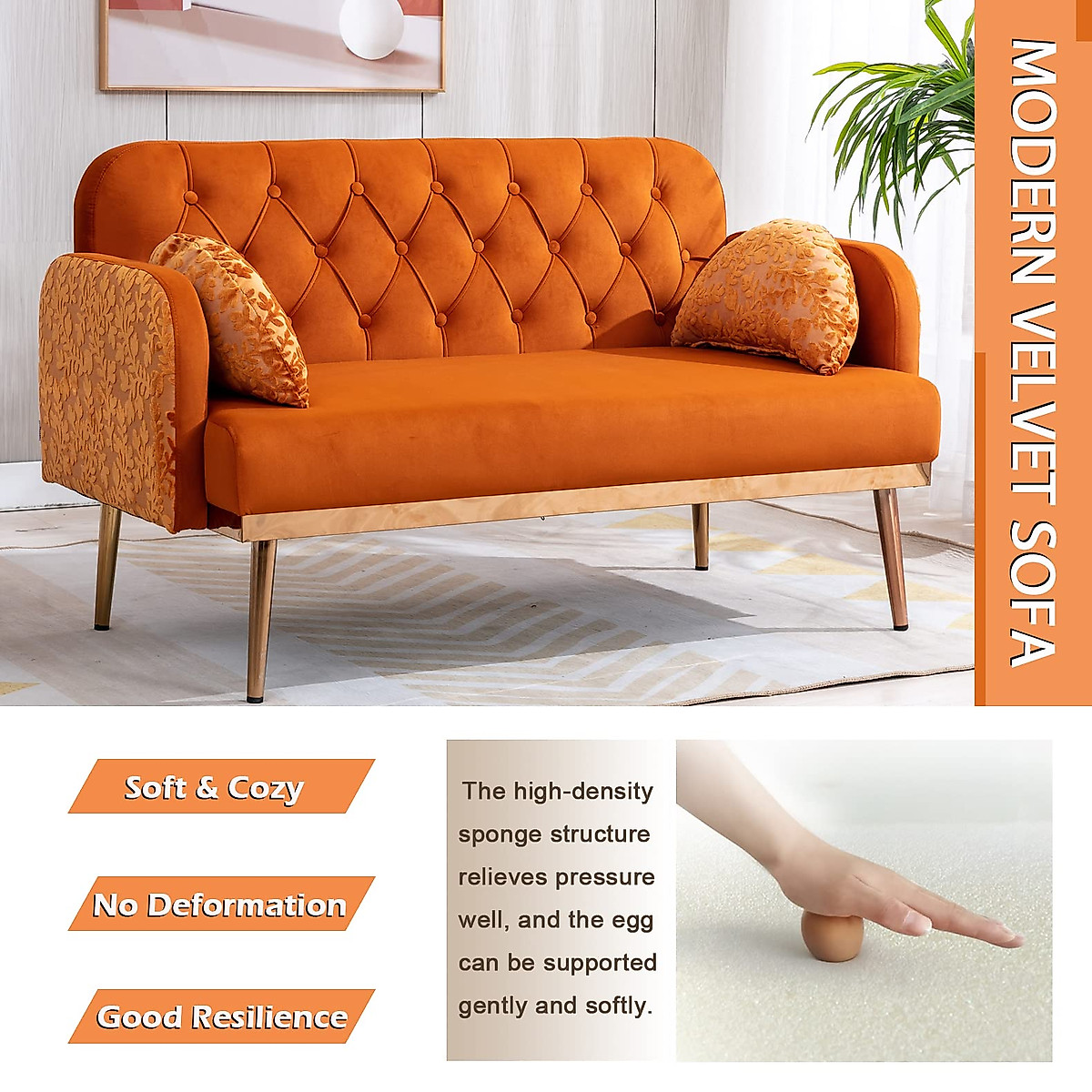 55-inch Small Velvet Couch with Elegant Moon Shape Pillows, Twin Size Loveseat Accent Sofa with Golden Metal Legs, Living Room Sofa with Tufted Backrest, 600 Pounds Weight Capacity, Orange