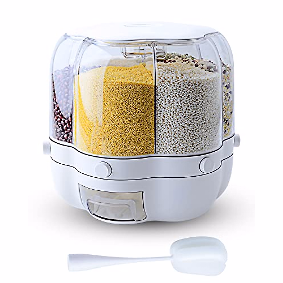 WOWFUNNY Grain Dispenser, 7.2 Qt Rotating Rice Dispenser Storage Container, 6-Compartment Dry Food Dispenser with Measuring Cup, Food Storage Containers for Kitchen Small Grains, Beans, Rice (7.2Qt)