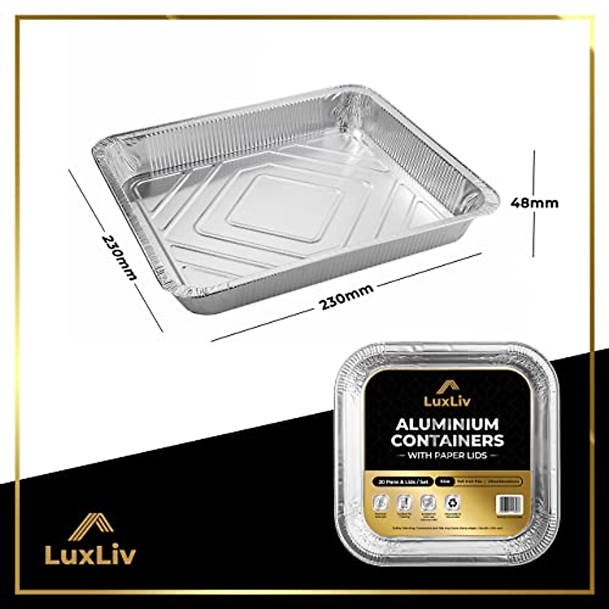 LuxLiv ® Large Food Aluminum Foil Trays Containers with Lids 500ml. Great for Meal Prep Baking Food Storage Takeaway Tin (20 Pack)
