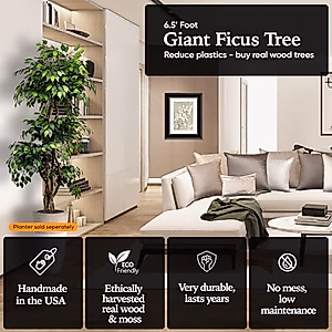 Hand-Made 6.5' Ficus Artificial Tree with Ethically Sourced Real Wood Trunks | Green | Cypress & Alabaster