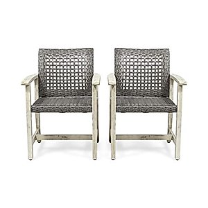 Eartha Outdoor Acacia Wood and Wicker Dining Chair (Set of 2), Light Gray Wash and Mix Black