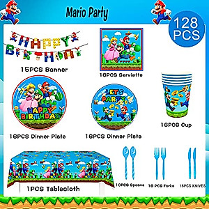 Su-perr M-arioo Birthday Party Supplies-128pcs Su-perr M-arioo Tableware Party Supplies Include M-arioo Party Plates and Napkins Cups Tablecloth for Boys/Girls M-arioo Theme Birthday Party Decorations