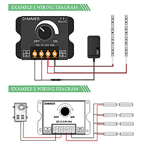 InduSKY Upgraded LED Dimmer PWM DC 12V-24V 30A Lighting Dimming Controller Single Channel + 5M 22AWG Extension Cable for Led Strips 3528 5050 Single Color + DC 12V Plugs Female Connector