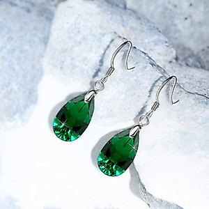 Teardrop Austrian Crystal Drop Dangle Earrings for Women 925 Sterling Silver Hypoallergenic Hook Earring (Emerald)