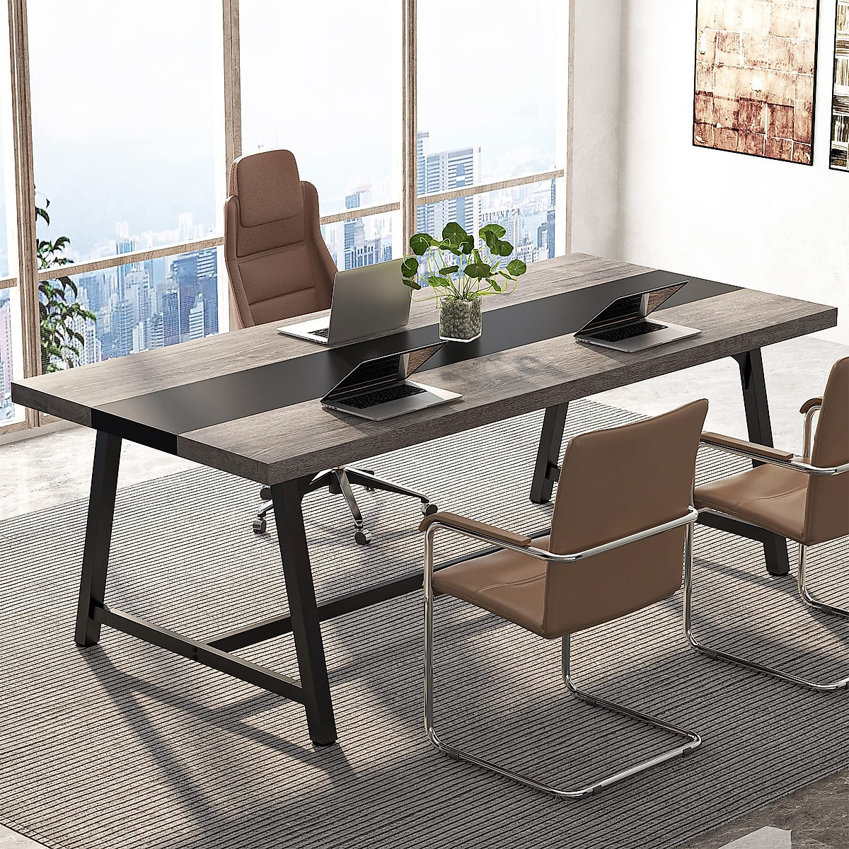 Tribesigns 6FT Rectangle Conference Table, 70.87L x 33.46W x 29.92H Inches Meeting Table for Conference Room, Vintage Wood Office Executive Desk with Strong Metal Frame for 6 People (Grey)