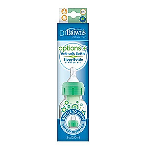 Dr. Brown’s Natural Flow® Anti-Colic Options+™ Narrow Sippy Bottle Starter Kit, 8oz/250mL, with Level 3 Medium-Fast Flow Nipple and 100% Silicone Soft Sippy Spout, Green, 6m+