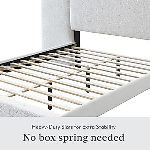 DG Casa Boucle Modern Platform Upholstered Bed Frame with Soft Textured Extended Headboard Fluted Wooden Base Legs, Slat Support Included, Easy Assembly, Queen Size, Cream