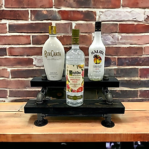 Freestanding Liquor Shelf | 2 Tier Industrial Bar Display | Liquor Bottle Display | Wood Wine Shelf | Bar Organization | Tiered Bottle Shelf (24", Aged Barrel)