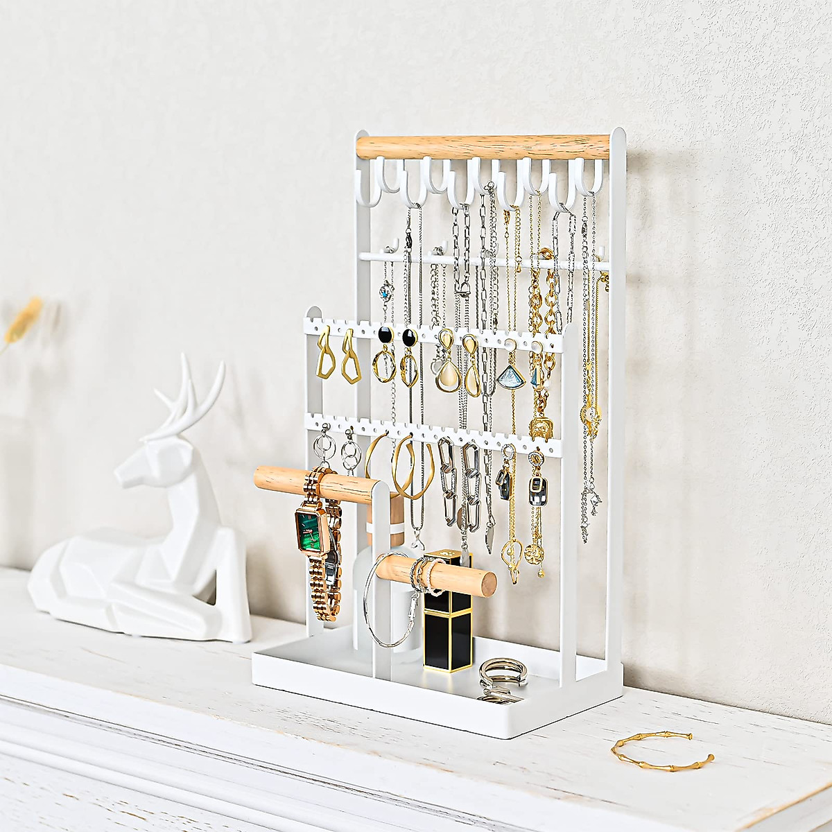 ProCase Jewelry Organizer Stand Necklace Organizer Earring Holder, 6 Tier Jewelry Stand Necklace Holder with 15 Hooks, Jewelry Tower Display Rack Storage Tree for Bracelets Earrings Rings -White