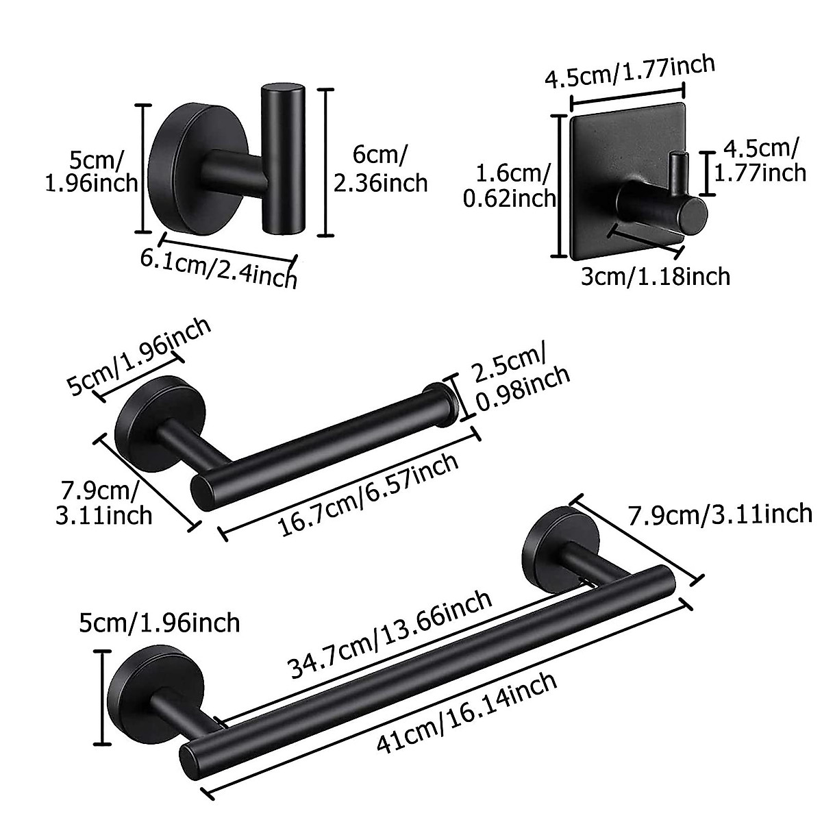 5 PCS Matte Black Bathroom Hardware Set,304 Stainless Steel Towel Rack Set Round Wall Mounted Includes 16" Hand Towel Bar,Toilet Paper Holder,3 Towel Hooks Bathroom Accessories Kit (Black)
