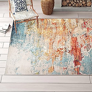 RoomTalks Ultra Thin Bright Colorful Modern Abstract Area Rugs 3x5 Non-Slip TPR Backed, Orange Turquoise Kitchen Bathroom Rugs Indoor Entryway Bedroom Dorm Throw Carpet Machine Washable