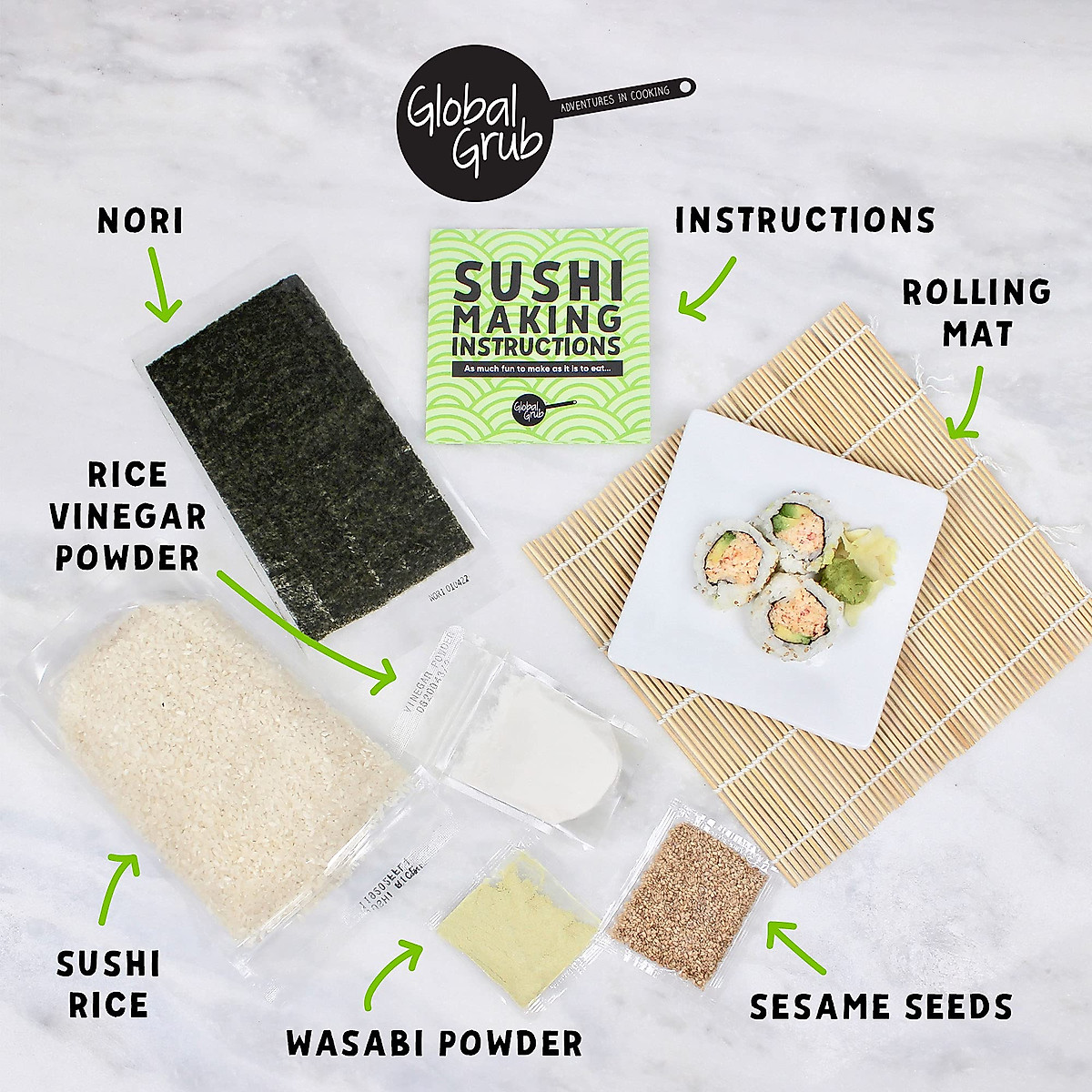 Global Grub DIY Sushi Making Kit - Sushi Kit Includes Sushi Rice, Nori Sushi Seaweed, Rice Vinegar Powder, Sesame Seeds, Wasabi Powder, Bamboo Sushi Rolling Mat, Instructions, Makes 48 Pieces