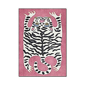 Pink Cartoon Tiger Rug for Living Room 4x6 ft Vintage Boho Rug for Bedroom Washable Funky Boys Girls Room Carpet Non-Slip Cute Abstract Modern Mats