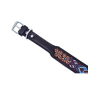 Leather Dog Collar Extra Small Size Western Style Heavy Duty Hand Tooled Adjustable Beaded and Padded Soft for Puppies and Big Dogs 10AB032-XS