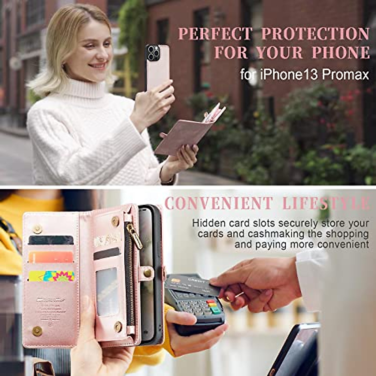 CASEME for iPhone 14 Pro Max Case Wallet Case Cover for Women Men Durable 2 in 1 Detachable Premium Leather with 8 Card Holder Slot Magnetic Zipper Pouch Flip Lanyard Strap Wristlet 6.7 Inch Rose Gold