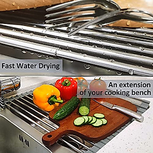 TOSUKAI Rollup Dish Drying Rack Over The Sink Stretchable Dish Drying Rack Telescopic Dish Rack Foldable for Kitchen (11-20 inch, Grey)