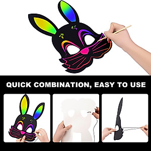 Easter Mask Craft Kit, 54 Pcs Scratch Art for Kids, Kids Magic Rabbit Masks, Scratch Paper Animal Masks with 18 Wood Stylus, DIY Rainbow Scratch Art Masks for Halloween, Animal Birthday Party