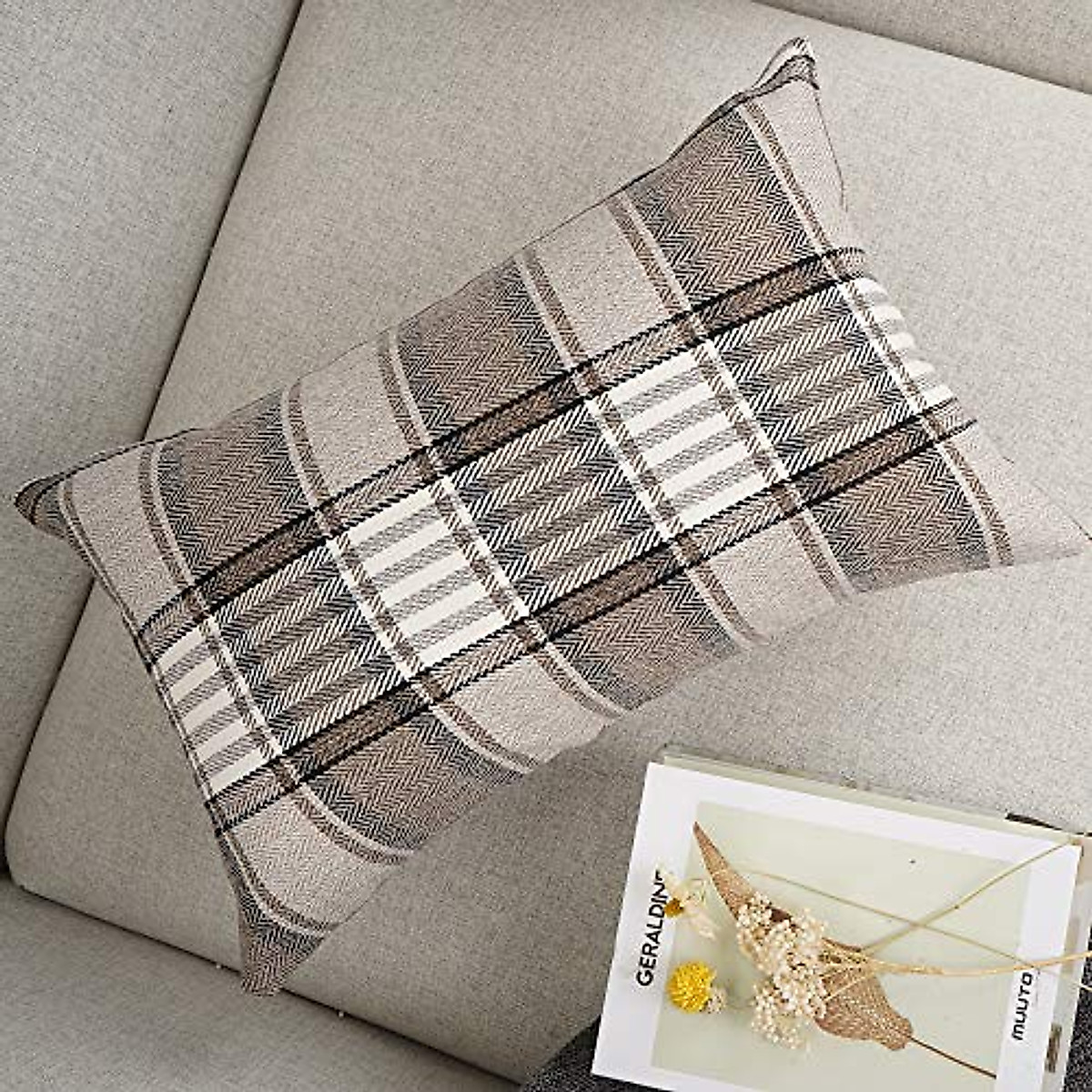 YOUR SMILE Retro Farmhouse Buffalo Tartan Chequer Stripe Plaid Cotton Linen Decorative Throw Pillow Case Cushion Cover Pillowcase for Sofa Outdoor Indoor (Brown, 12''x20'')