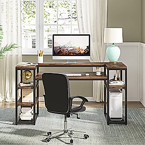Tribesigns 63 Inches Computer Desk with Open Storage Shelves, Large Office Desk with Monitor Shelf & CPU Stand, Study Writing Table Workstation with Printer Stand for Home Office(Brown)