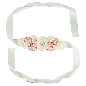 Lujuny Floral Bridal Maternity Sash Belt – Flower Ribbon Tie for Women Girls Wedding Pregnant Baby Shower Party Photoshoot (Beige Pink)