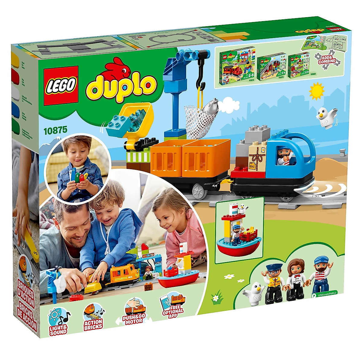 LEGO DUPLO Town Cargo Train Set - Push & Go Motor Train Toy for Toddlers - Preschool Learning Toy for Boys & Girls Ages 2-5, Includes Sound & Light, Moving Crane - Gift for Birthdays - 10875