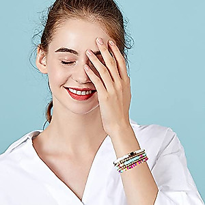 GOOJIDS Surfer Heishi Clay Bead Bracelets for Women Bohemian Stackable Evil Eye Vinyl Disc Beaded Stretch Bracelets Elastic Layering Friendship Bracelets Boho Jewelry (C-White 5pcs)