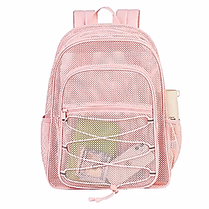 COVAX Heavy Duty Mesh Backpack, See Through College Mesh Backpack, Semi-transparent Mesh Bookbag with Bungee and Comfort Padded Straps for Commuting, Swimming, Beach, Outdoor Sports (Pink)