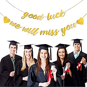 Good Luck We Will Miss You Banner Sign for Retirement Farewell Party Decorations Gold Glitter Pre-Strung Banner for Goodbye Party (Good Luck)