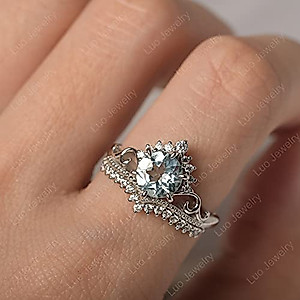 LUO 925 Sterling Silver Round 7 MM Aquamarine Ring Princess Crown Tiara Engagement Ring for Women US Size 10