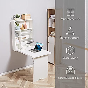 HOMCOM Compact Fold Out Wall Mounted Convertible Desk with Storage, White