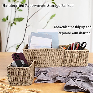 CrafArcher Paper Woven Storage Baskets Iron Frame Desk Organizers, Set of 3