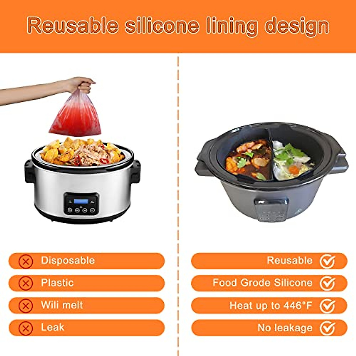 KSUYICA Crock Pot Divider Insert Silicone, Slow Cooker Dividers Silicone Liners Fit 6-8 Qt Crockpots, Reusable BPA Free Leakproof crock pot liner Accessories Cooking Liner for Most Slow Cooker (Black)